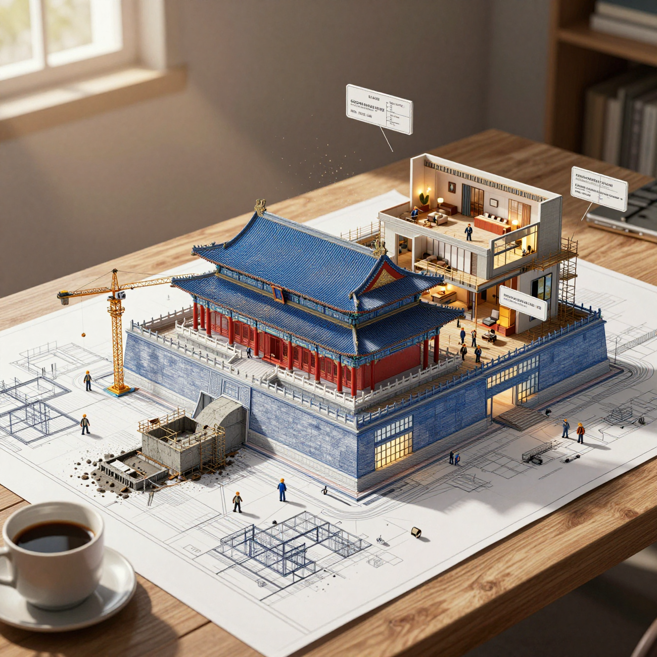 表歌 的想法: 提示词：Epic 3D scene: a massive architectural blueprint of ...