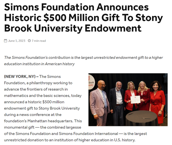 张老师 的想法: 5亿美元！石溪大学收到史上最高额捐款！ | Simons Foundation宣布将向纽约州立石溪大学Stony Brook University捐款5亿美元！ 这是美国历史 ...