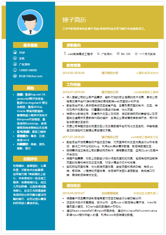 Web前端高级工程师简历模板在线简历案例 锤子简历 知乎