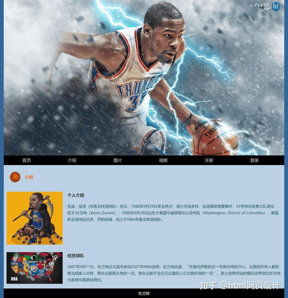 HTML+CSS篮球静态网页设计（web前端网页制作课作业）NBA杜兰特篮球运动网页 - 知乎