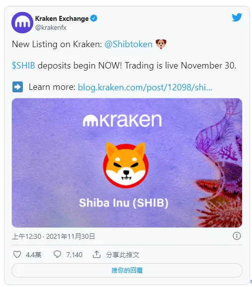 Kraken交易所遵守承诺上架柴犬币！Shib单日涨幅超过30%; 67家交易所上线Shib - 知乎