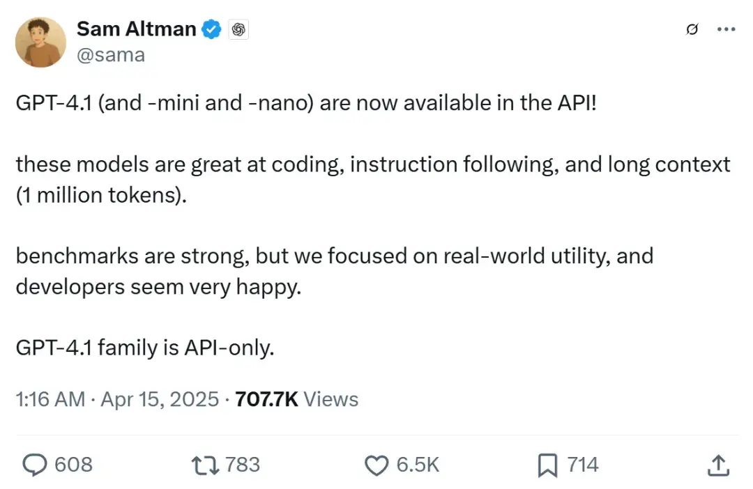 OpenAI发布GPT-4.1！全系支持百万token上下文，全方位碾压GPT-4o并且价格更低 - 知乎
