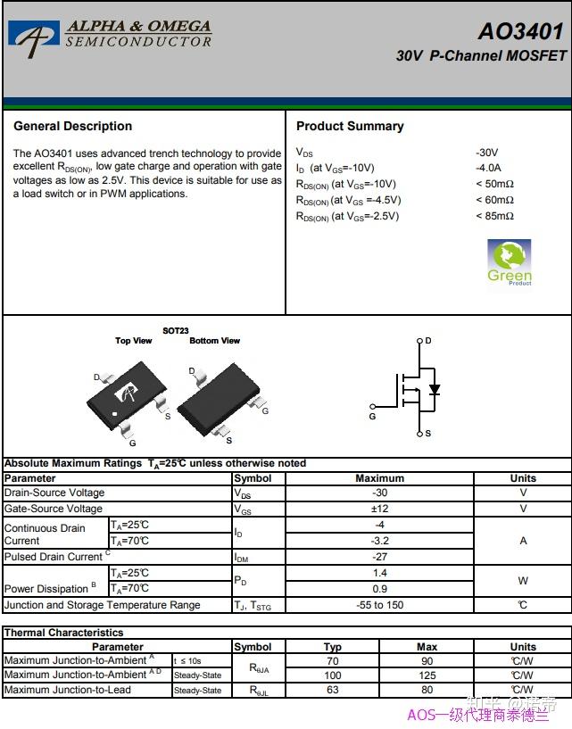 AO3401中文应用PDF资料MOS管场效应管AO3401实际应用参数、数据手册？ - 知乎