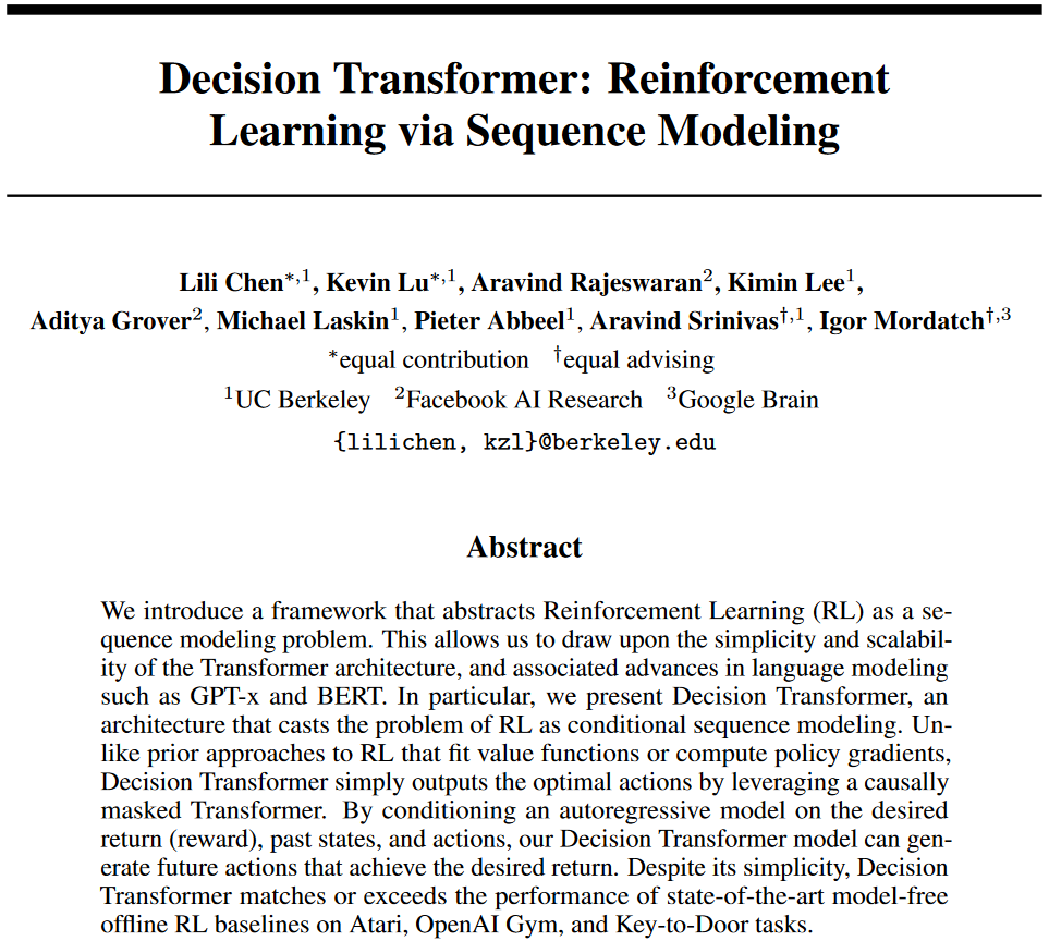 NeurIPS2021: Decision Transformer: reinforcement learning via sequence modeling - 知乎