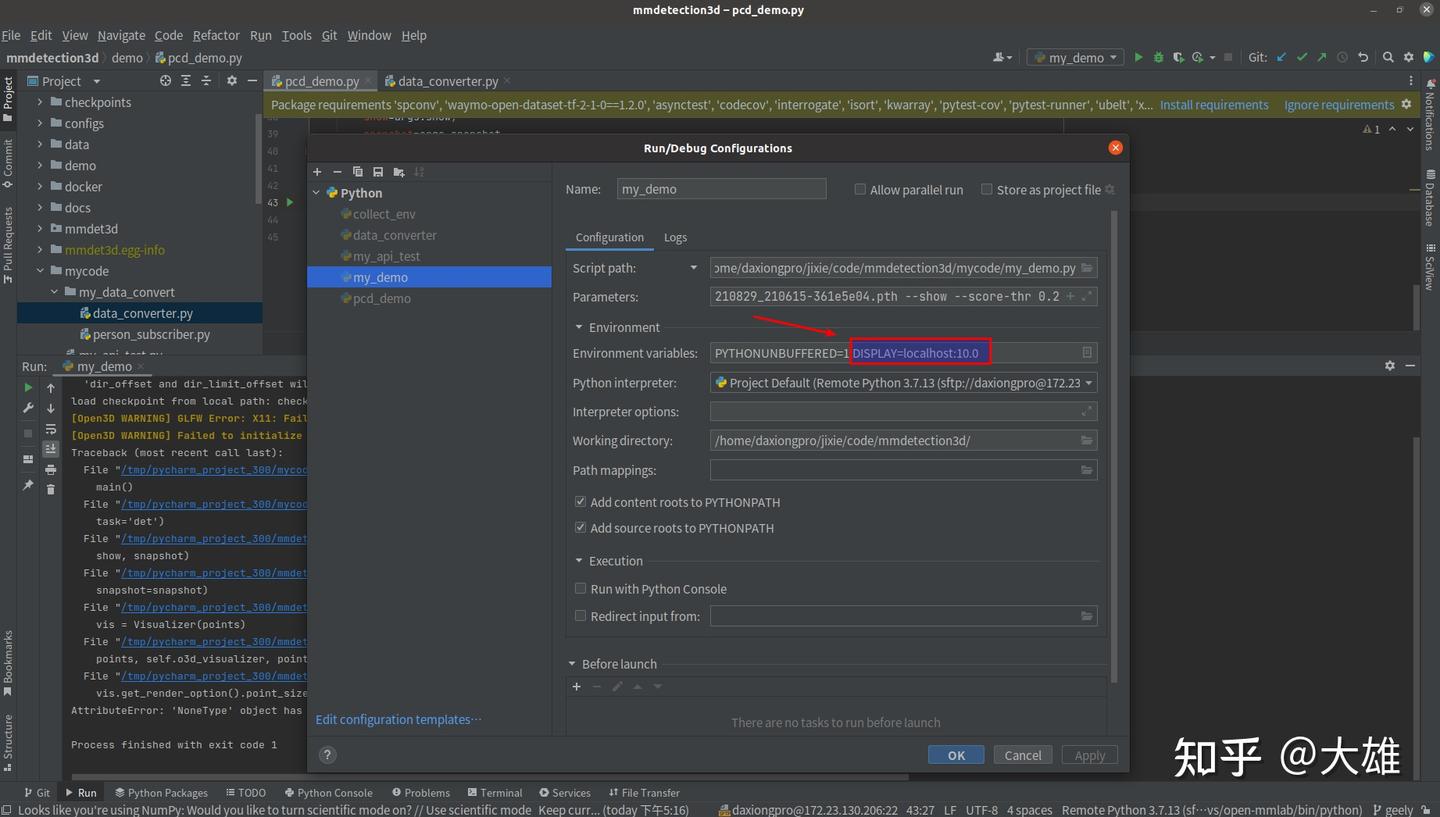 Pycharm使用ssh远程python环境并在本地可视化open3d - 知乎