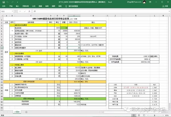 小工具！6MW/36MWH储能电站项目投资收益估算表 - 知乎