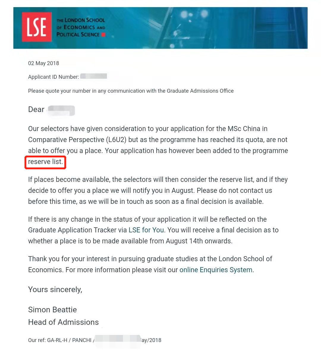 申请LSE，如果被放入候补名单，除了waiting list状态，竟然还有reserve list？ - 知乎