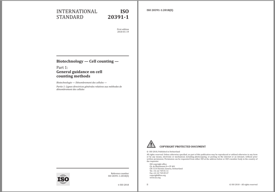 ISO 20391-1-2018（原版PDF）+Chinese（ISO中文版翻译）中文名称：生物技术--细胞计数--第1部分:细胞计数方法的 ...