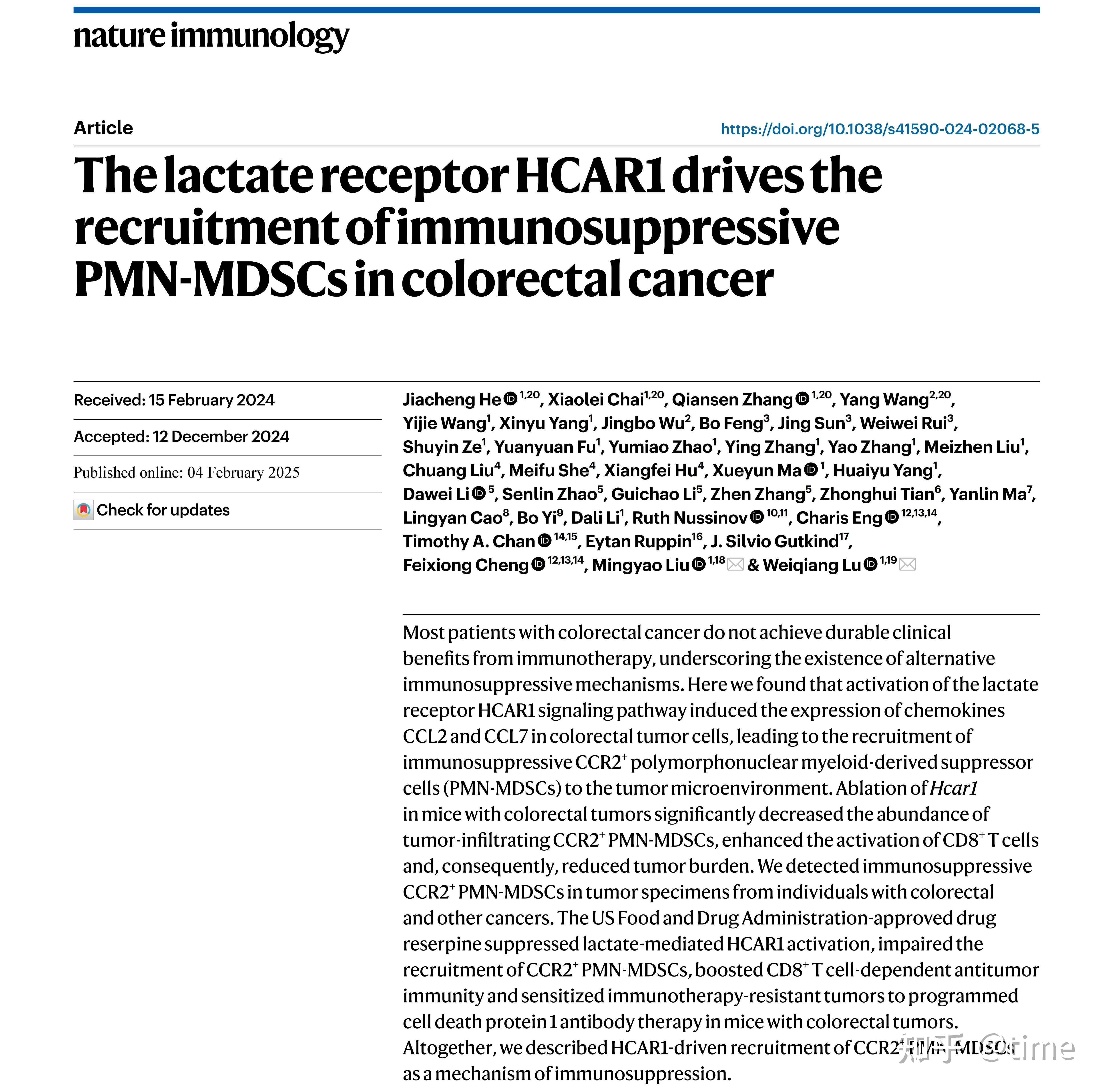 文献分享 | Nature Immunology：乳酸受体HCAR1驱动免疫抑制PMN-MDSCs在结直肠癌中的募集 - 知乎