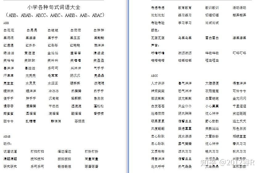 小学语文AABB ABB ABAB ABCC AABC ABAC AAB词语大全汇总 - 知乎