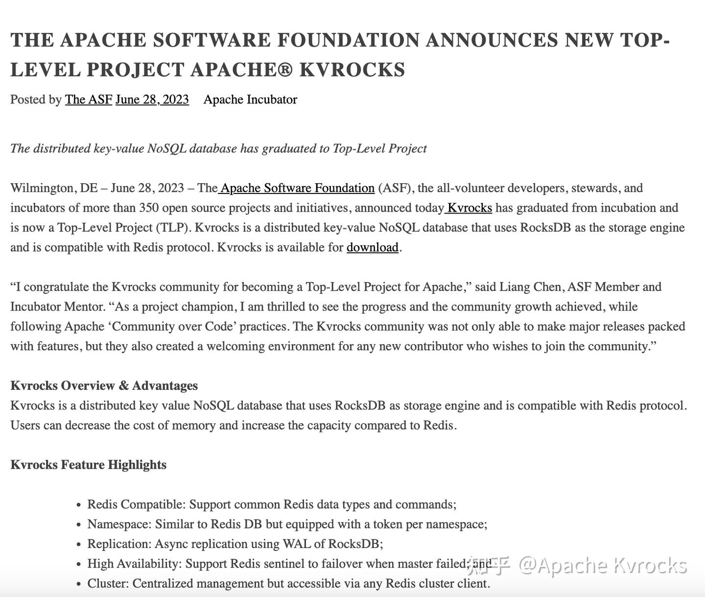 恭喜 Kvrocks 正式成为 Apache 顶级项目 - 知乎