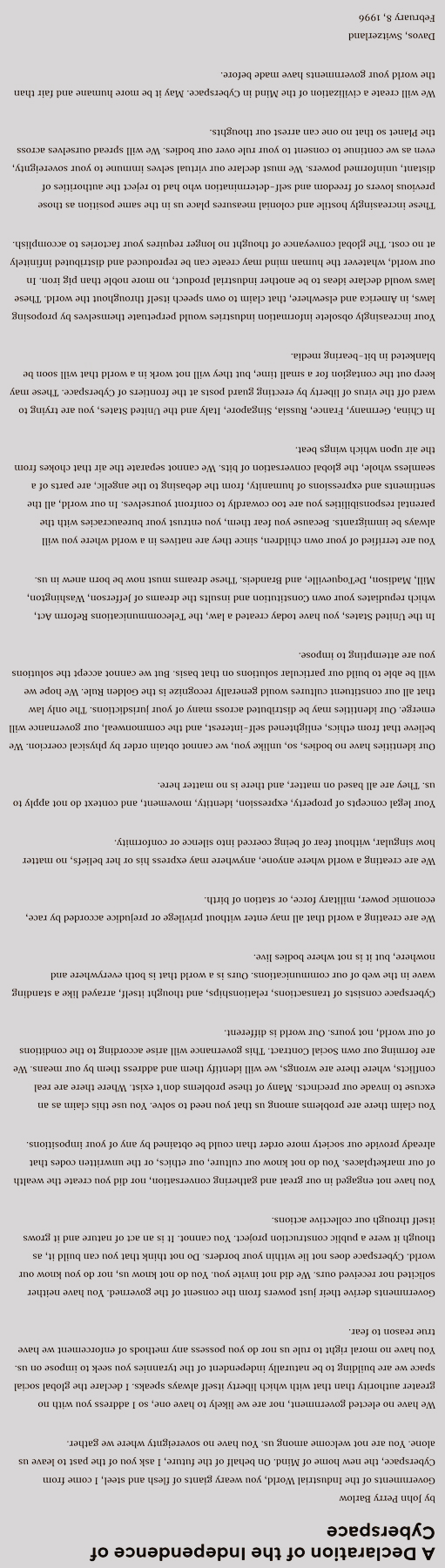 A Declaration of the Independence of Cyberspace - 知乎