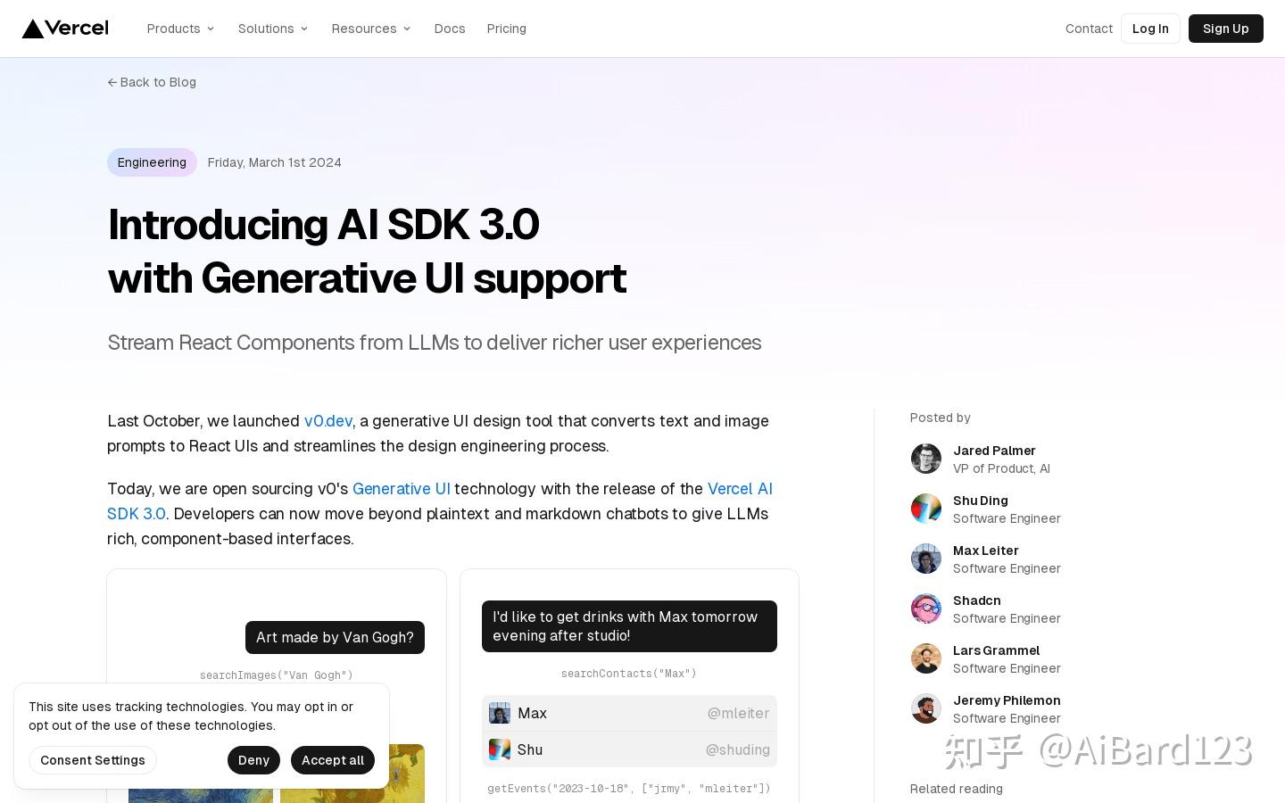 AI新工具(20240304) Vercel AI SDK 3.0将文本和图像提示转换为React UI，并简化了设计工程流程; AI 助手全套开源解决方案，自带运营管理后台，开箱即用等 - 知乎