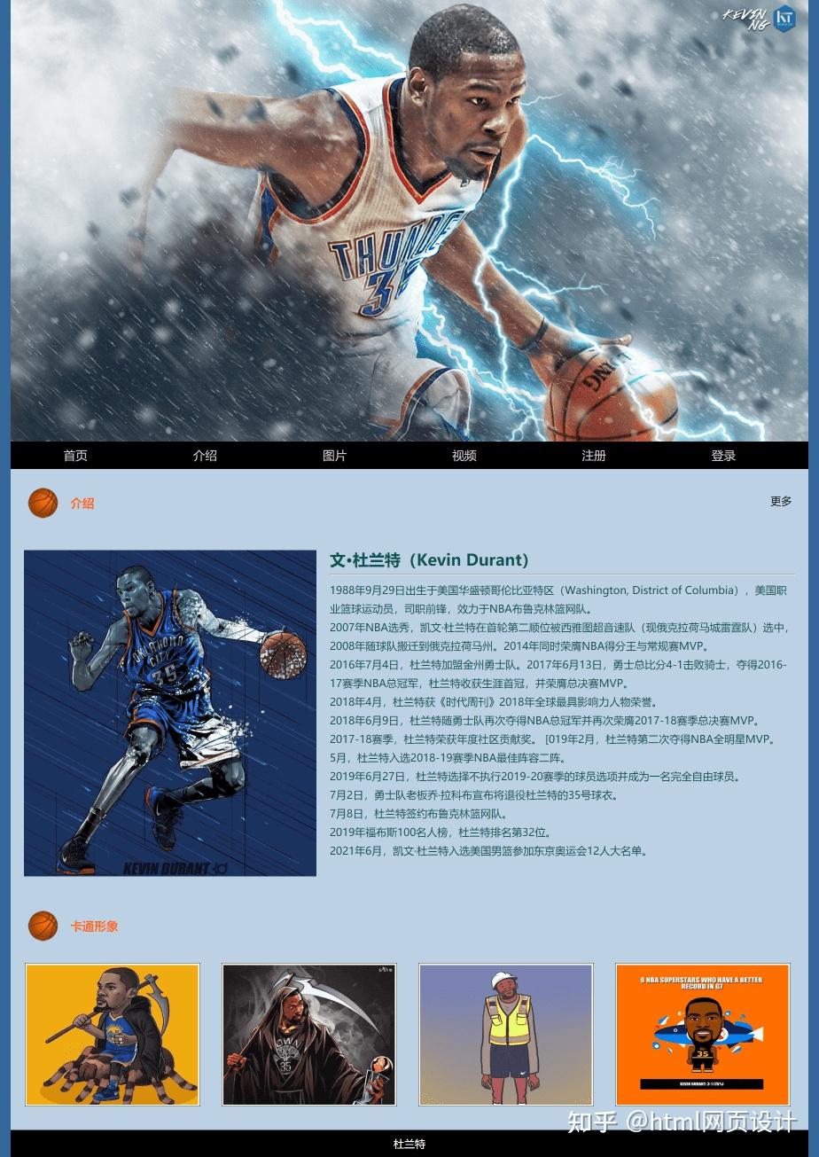 HTML+CSS篮球静态网页设计（web前端网页制作课作业）NBA杜兰特篮球运动网页 - 知乎