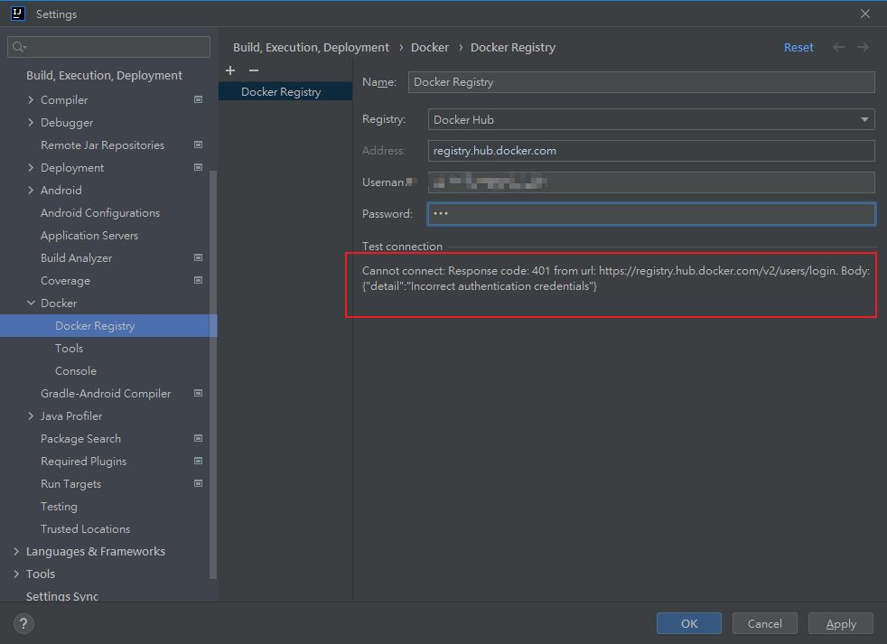 Cannot connect: Response code:401 from url: https://registry.hub.docker ...