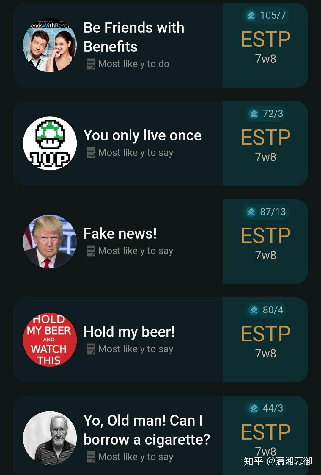 【全网测试】潇湘ISFJ 6w5 & ESTP 7w8 - 知乎