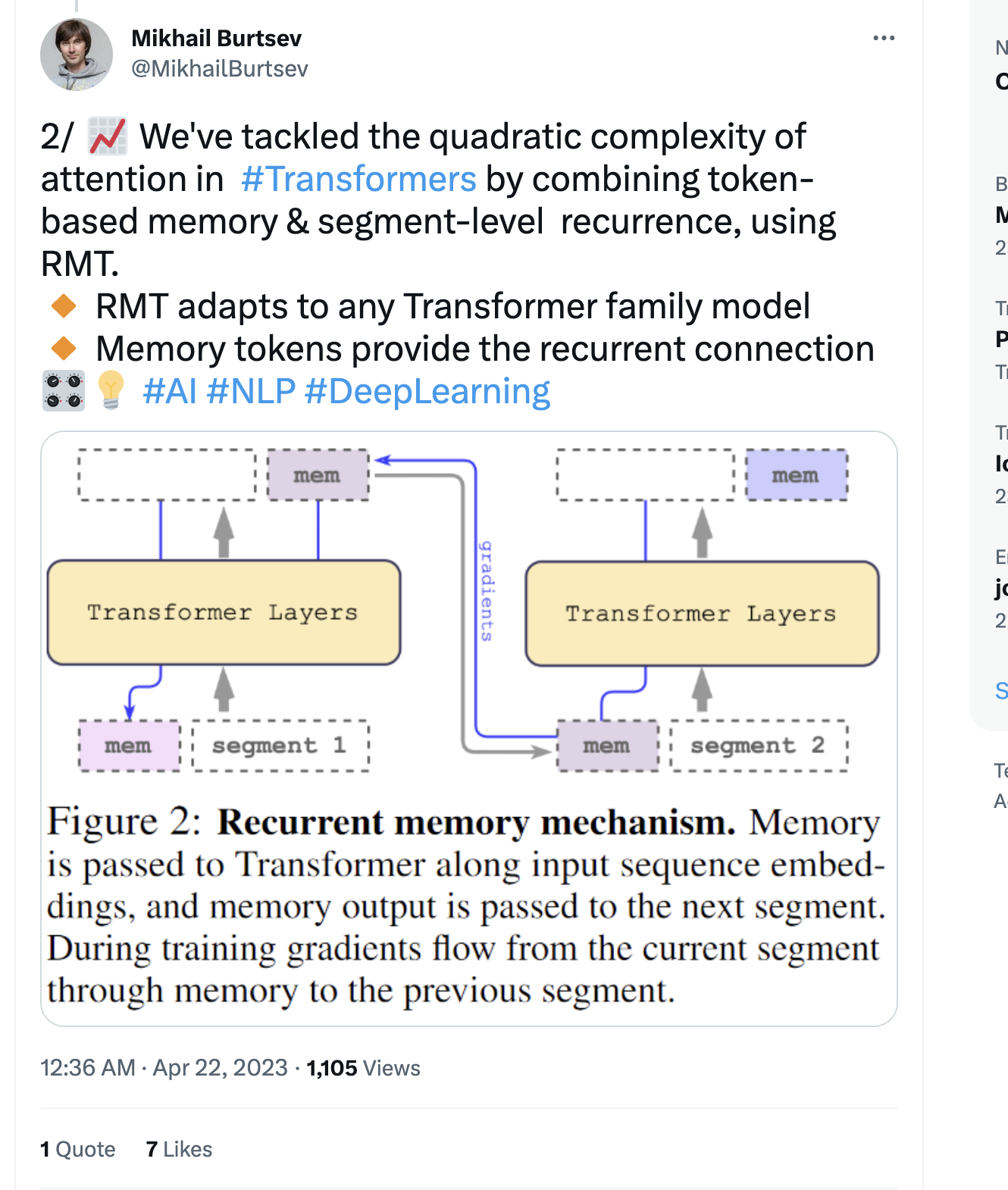 [arxiv 04/24] Scaling Transformer to 1M tokens and beyond with RMT (Recurrent Memory Transformer ...
