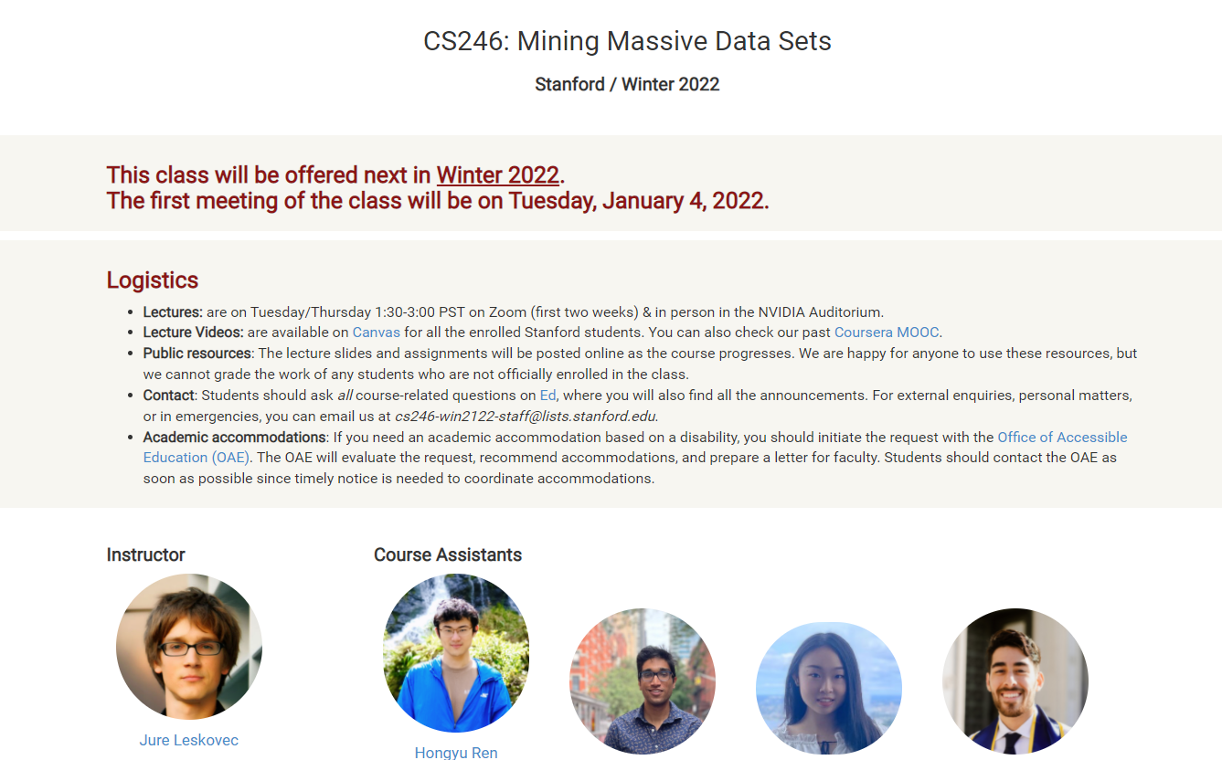 斯坦福CS246《大数据挖掘》2021课程开始了！Jure Leskovec大牛主讲，附课程PPT下载 - 知乎