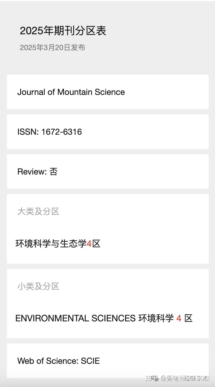 H407《Journal of Mountain Science》环境大类，中科院四区，因子2.3 - 知乎