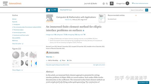 最新论文“An immersed ﬁnite element method for elliptic interface problems on surfaces”已发表，欢迎各位同行查看交流 ...