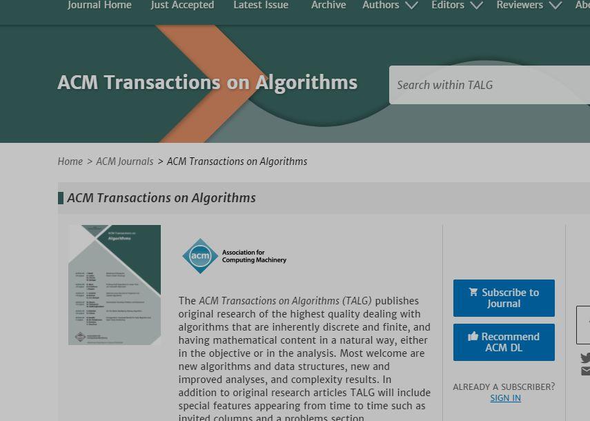 《acm Transactions On Algorithms》杂志影响因子多少? 知乎