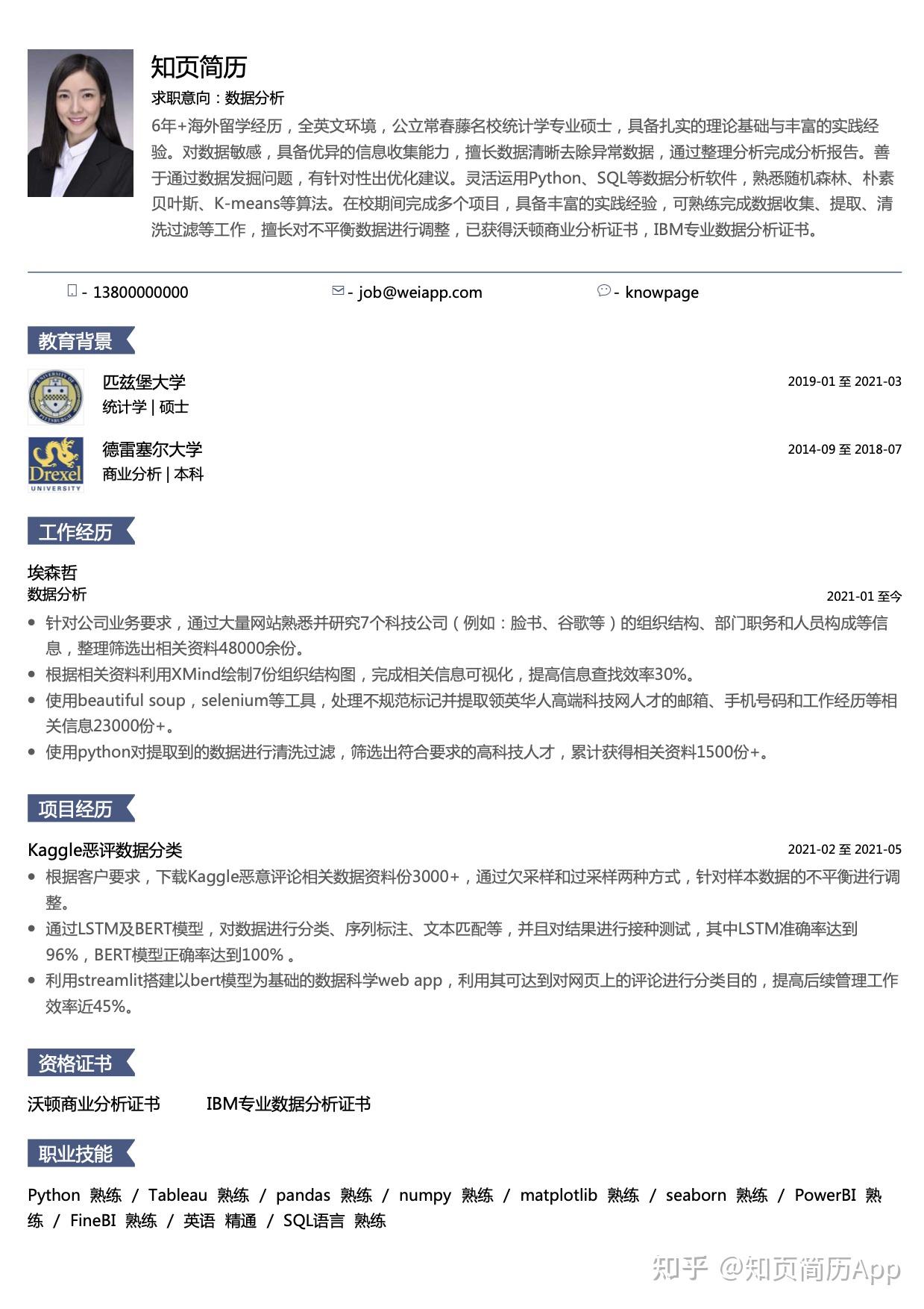 如何写一份出众的数据分析简历?(含简历模板 范文) 知乎