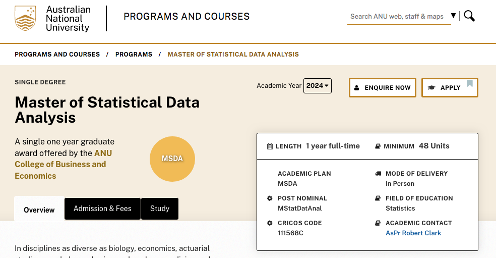 美澳研究生项目｜澳洲国立大学 - 统计数据分析硕士 Australian National University - Master of Statistical Data Analysis ...