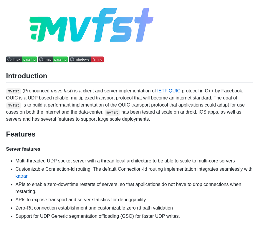 酷站推荐 - github.com/facebookincubator/mvfst - QUIC