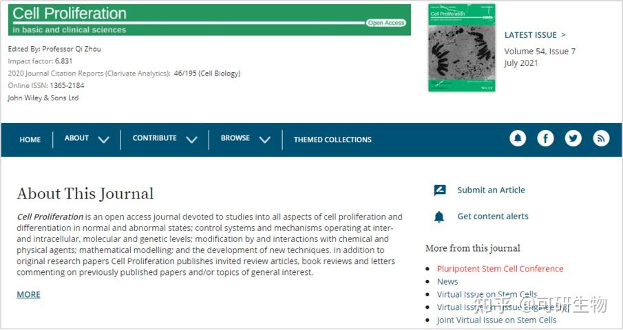 中科院院士主编的细胞生物学必读刊物：Cell Proliferation - 知乎