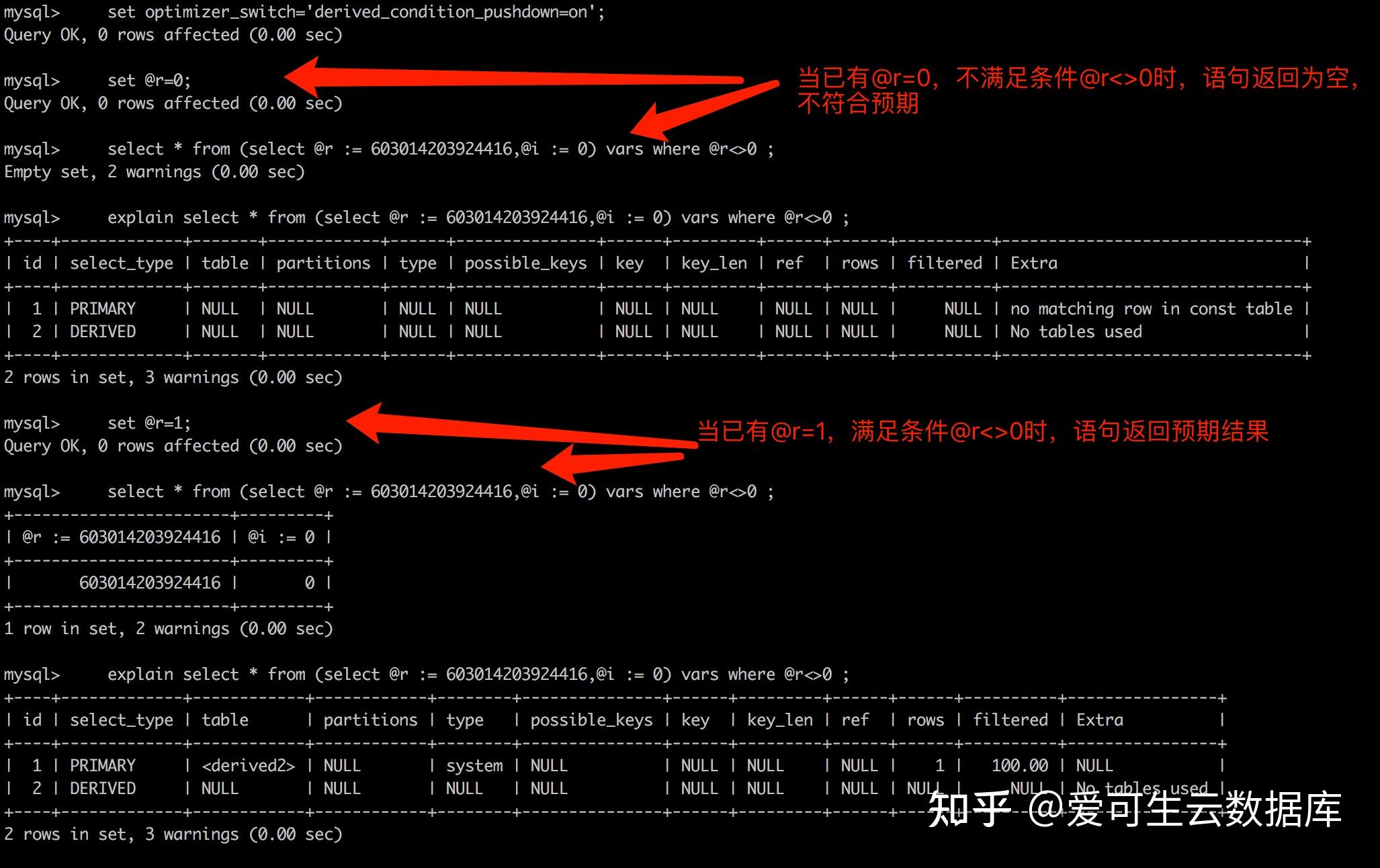 技术分享 | derived_condition_pushdown 影响外层 where 条件中用户自定义变量的使用 - 知乎