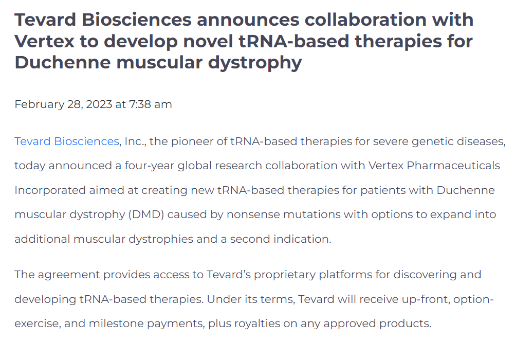 罕见病老牌公司押注 tRNA 治疗，差异化靶向杜氏肌营养不良，已达成一项 4 年合同 - 知乎