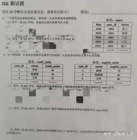 Sql面试题：15分钟完成 知乎 