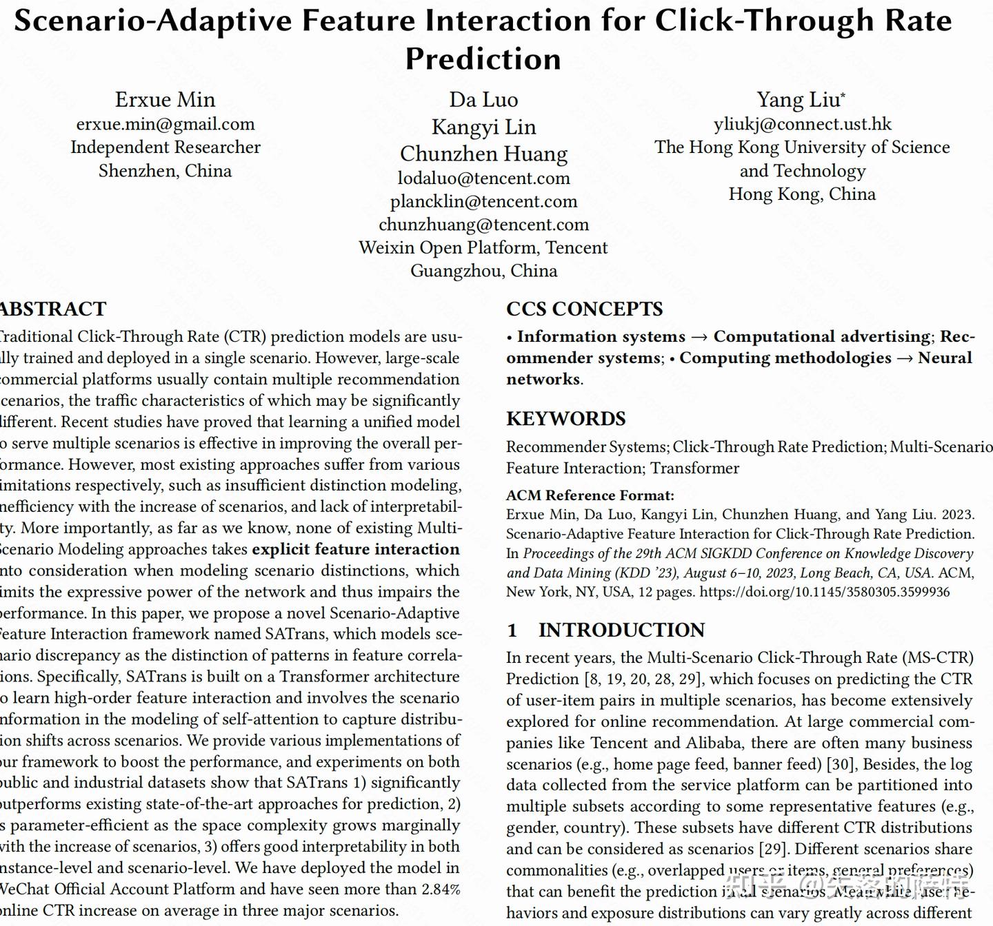 [KDD'23|Tencent]Scenario-Adaptive Feature Interaction for Click-Through Rate Prediction - 知乎