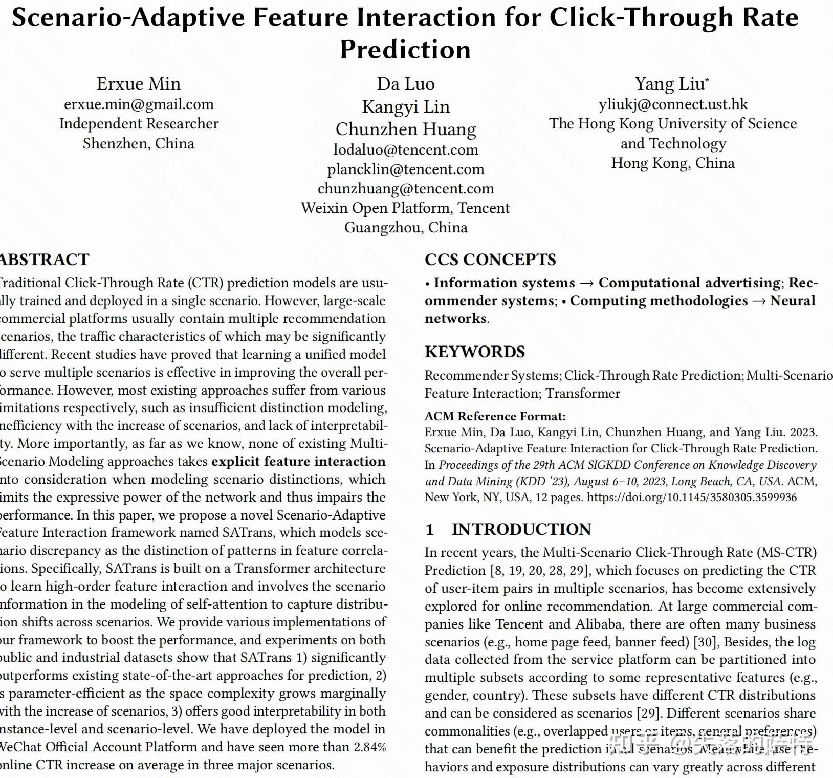 [KDD'23|Tencent]Scenario-Adaptive Feature Interaction for Click-Through Rate Prediction - 知乎