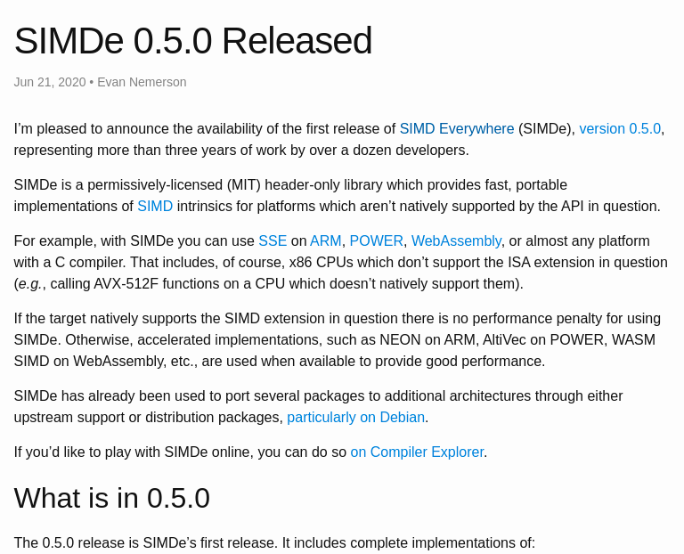 酷站推荐 - simd-everywhere.github.io - SIMDe | SIMD Everywhere