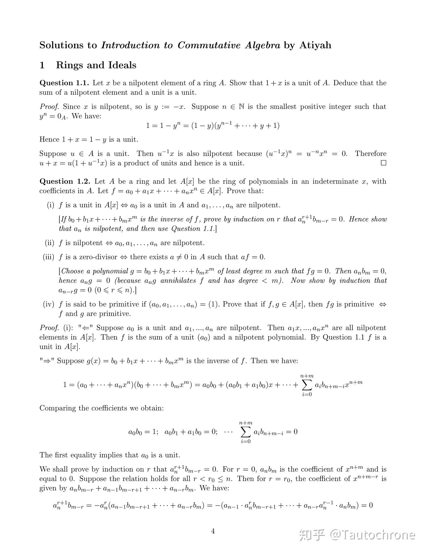 Atiyah & MacDonald《交换代数导论》试解：Exercise 1.1~1.12 - 知乎