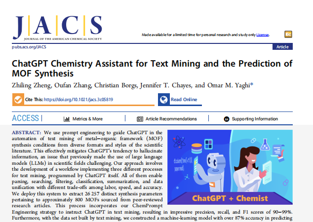 学术速运JACS|ChatGPT化学助手的文本挖掘与MOF合成的预测 - 知乎