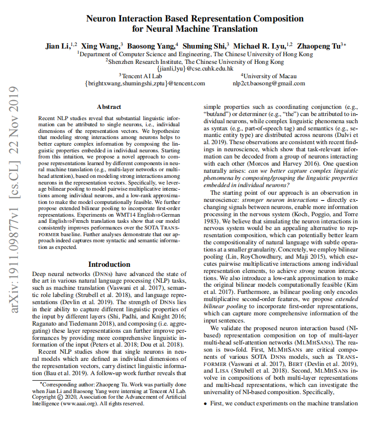 Neuron Interaction Based Representation Composition for Neural Machine Translation - 知乎