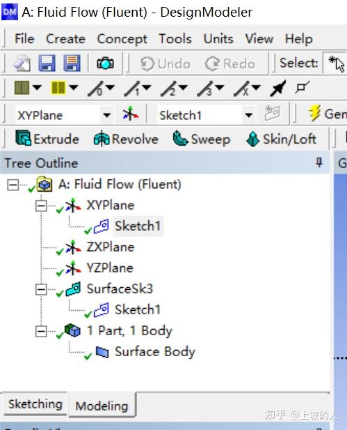 designmodeler 中建立几何，会出现三级层级，分别为草图sketch，面层级surface，体层级body。只能删除面层级，才能删除 ...