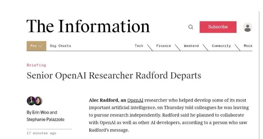 OpenAI元老级研究员Alec Radford离职，他主导了GPT-1、GPT-2的研发 - 知乎