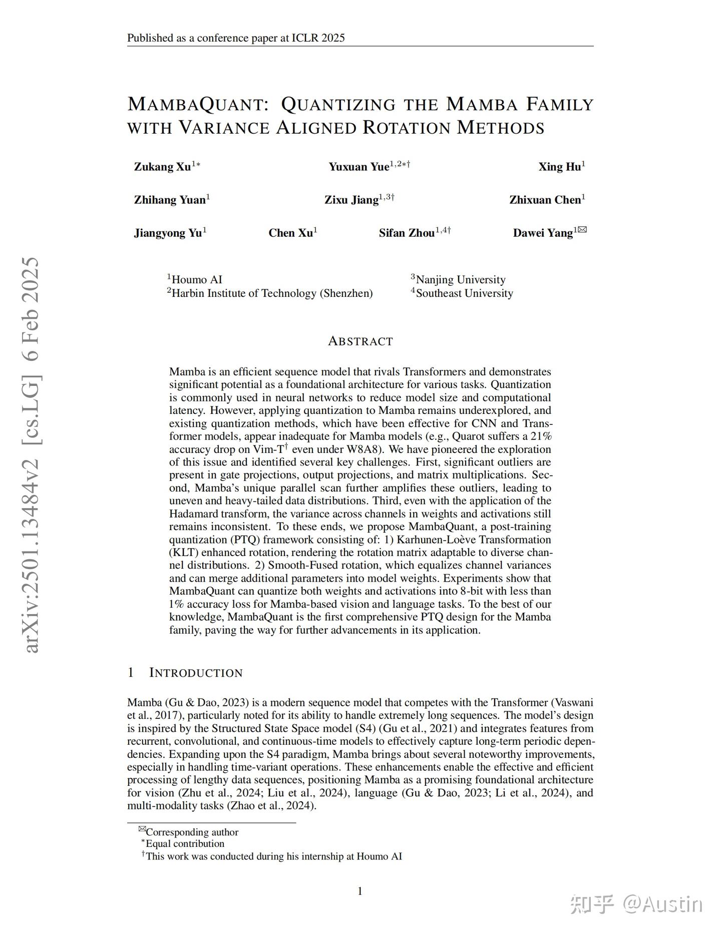 【ICLR-2025】MambaQuant：首个Mamba系列模型（CV、LLM）量化方案，精度近乎无损，也适用于标准LLM！ - 知乎