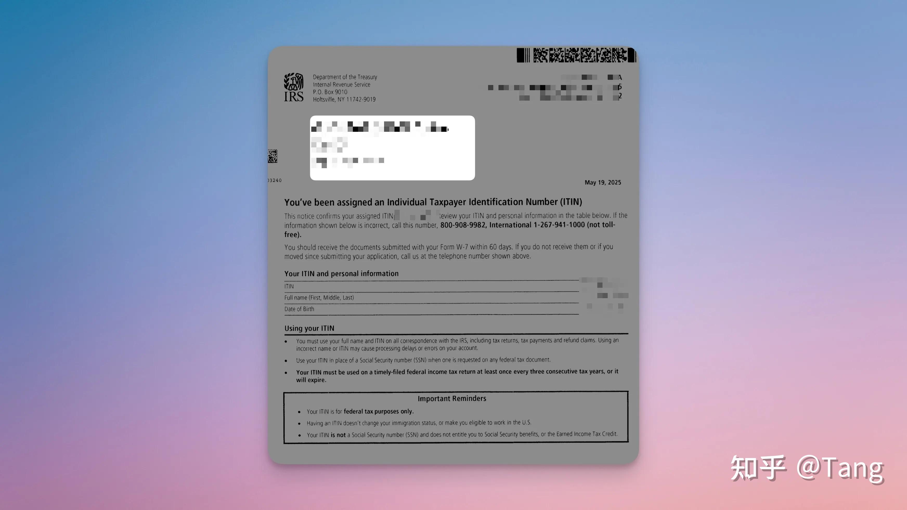 一分钟帮您搞懂ITIN是什么，如何使用？如何延期？CP565是什么？ - 知乎